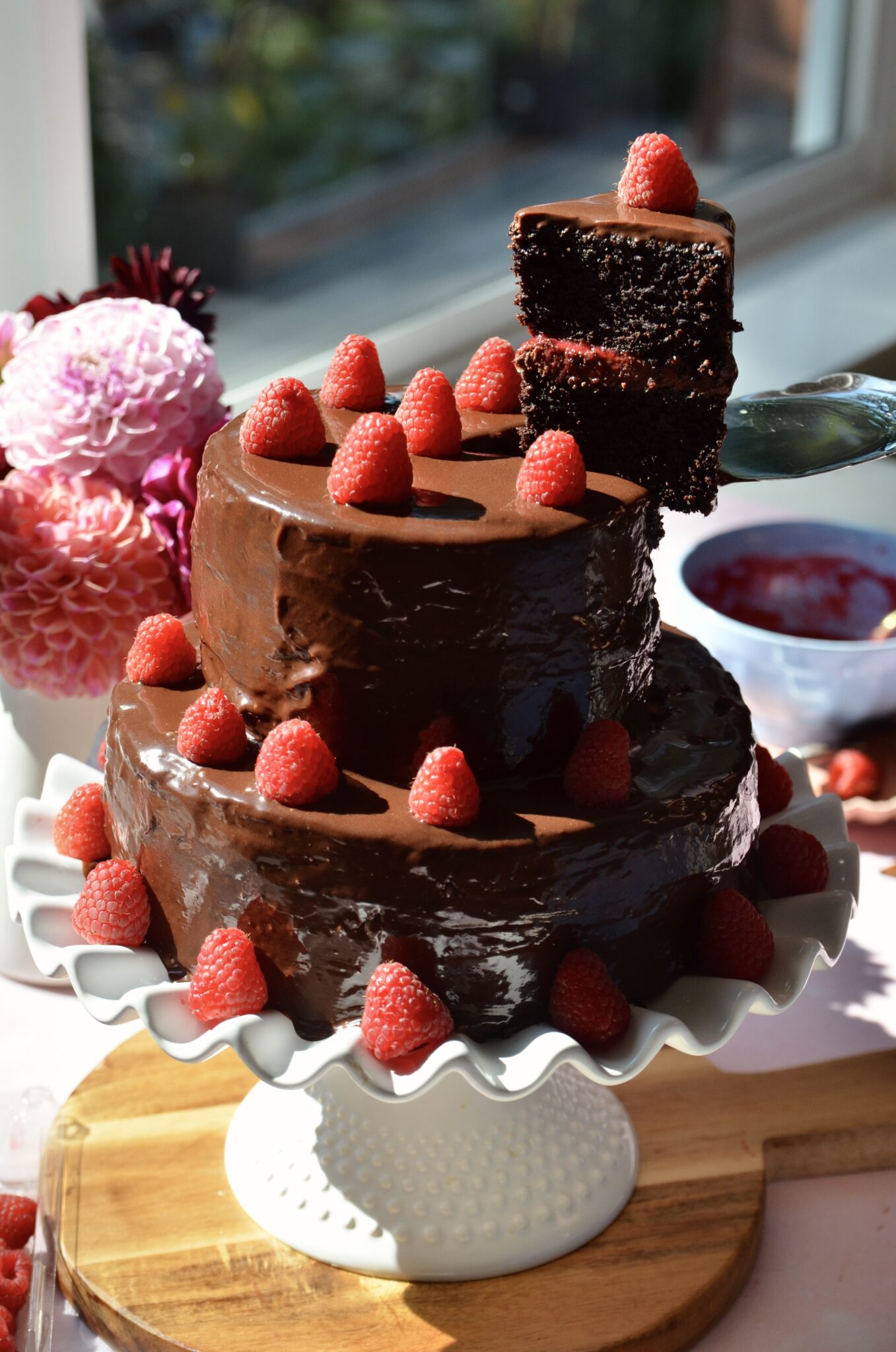 Jeremiah’s Two Tier Mirror Glaze Chocolate Cake (With Raspberry Coulis ...
